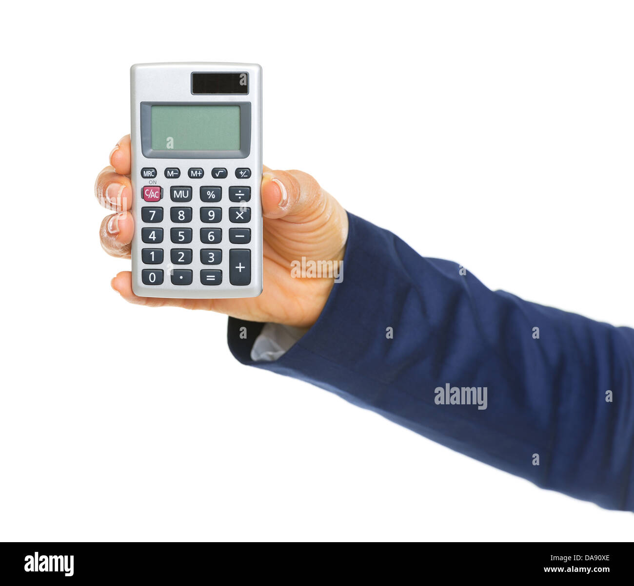 Closeup on business woman hand showing calculator Stock Photo - Alamy