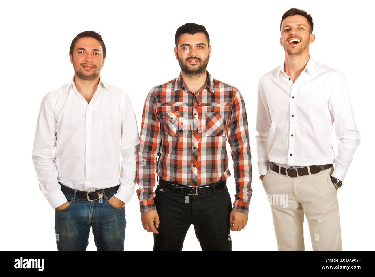 Three business men standing in a row with different types of smiles ...