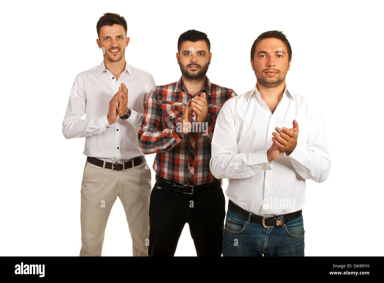 Successful casual business men standing in a row and clapping their ...