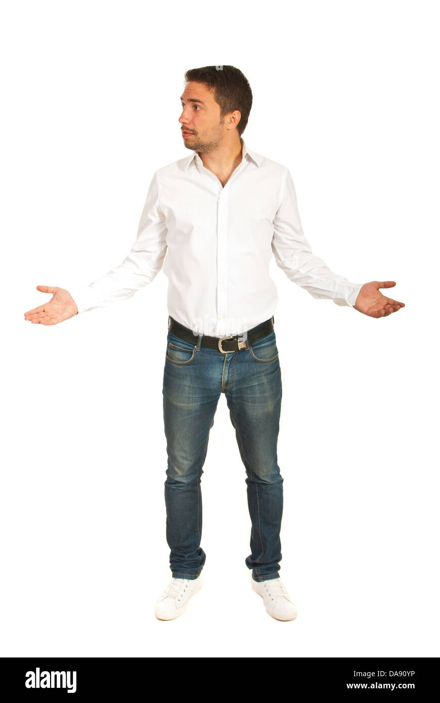 Misunderstood executive man looking away and asking isolated on white ...