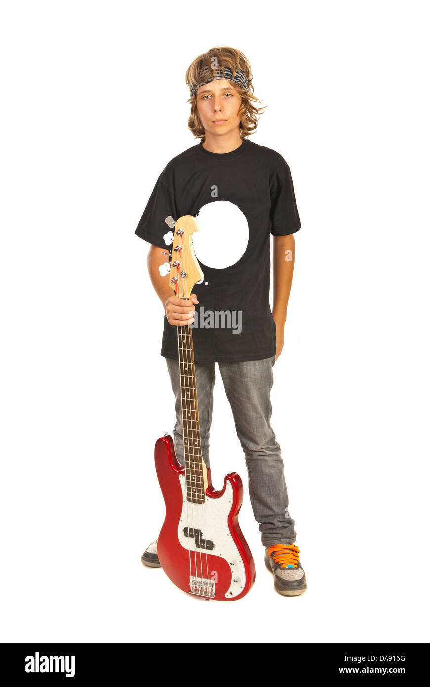 Rocker teen boy with bass guitar isolated on white background Stock ...