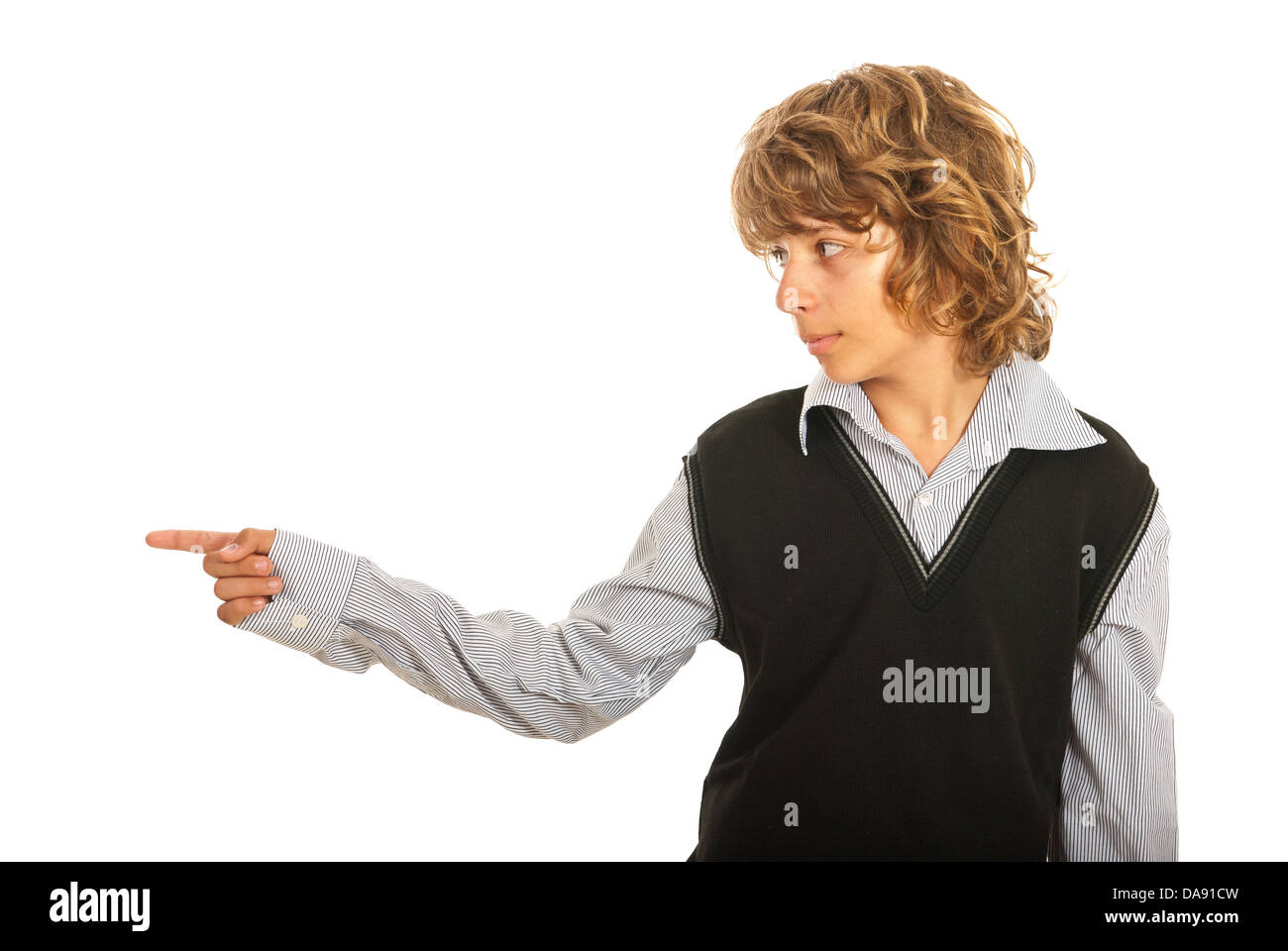 Young male pointing to left part of image isolated on white background ...