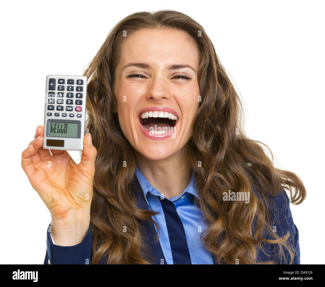 Smiling business woman showing calculator with hello inscription Stock ...