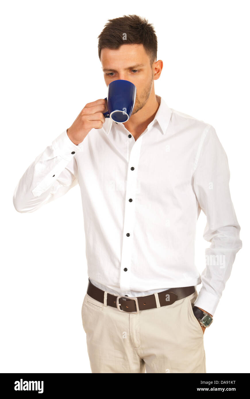 Casual business man drinking coffee isolated on white background Stock ...