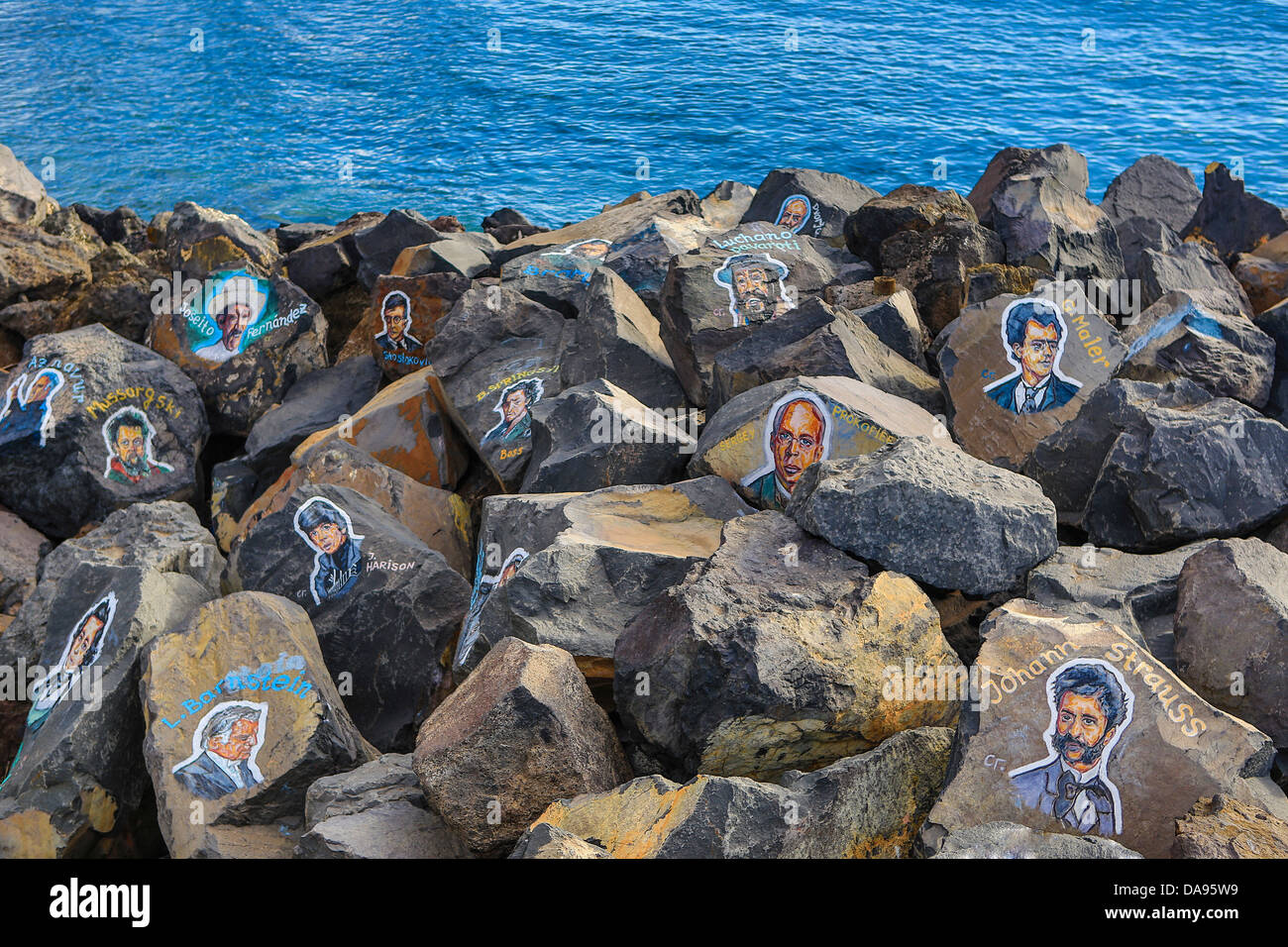 Spain, Europe, Canary Islands, Painted rocks, Santa Cruz, stones, jetty ...