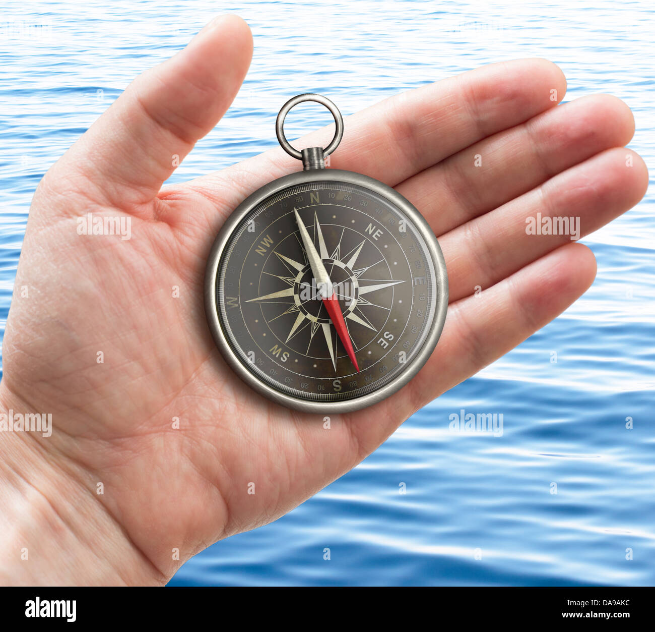 human hand with old pocket compas over sea or ocean surface Stock Photo ...