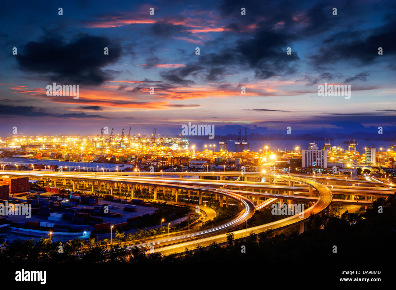 Freeway in night with cars light in modern city Stock Photo - Alamy