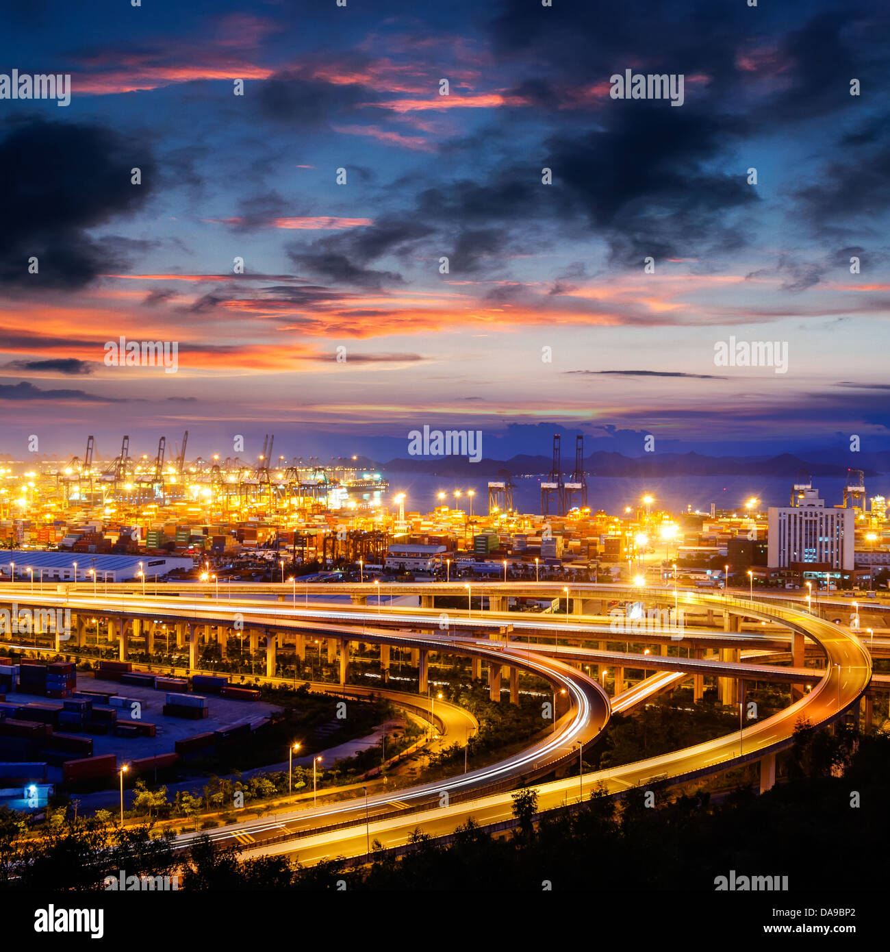 Freeway in night with cars light in modern city Stock Photo - Alamy
