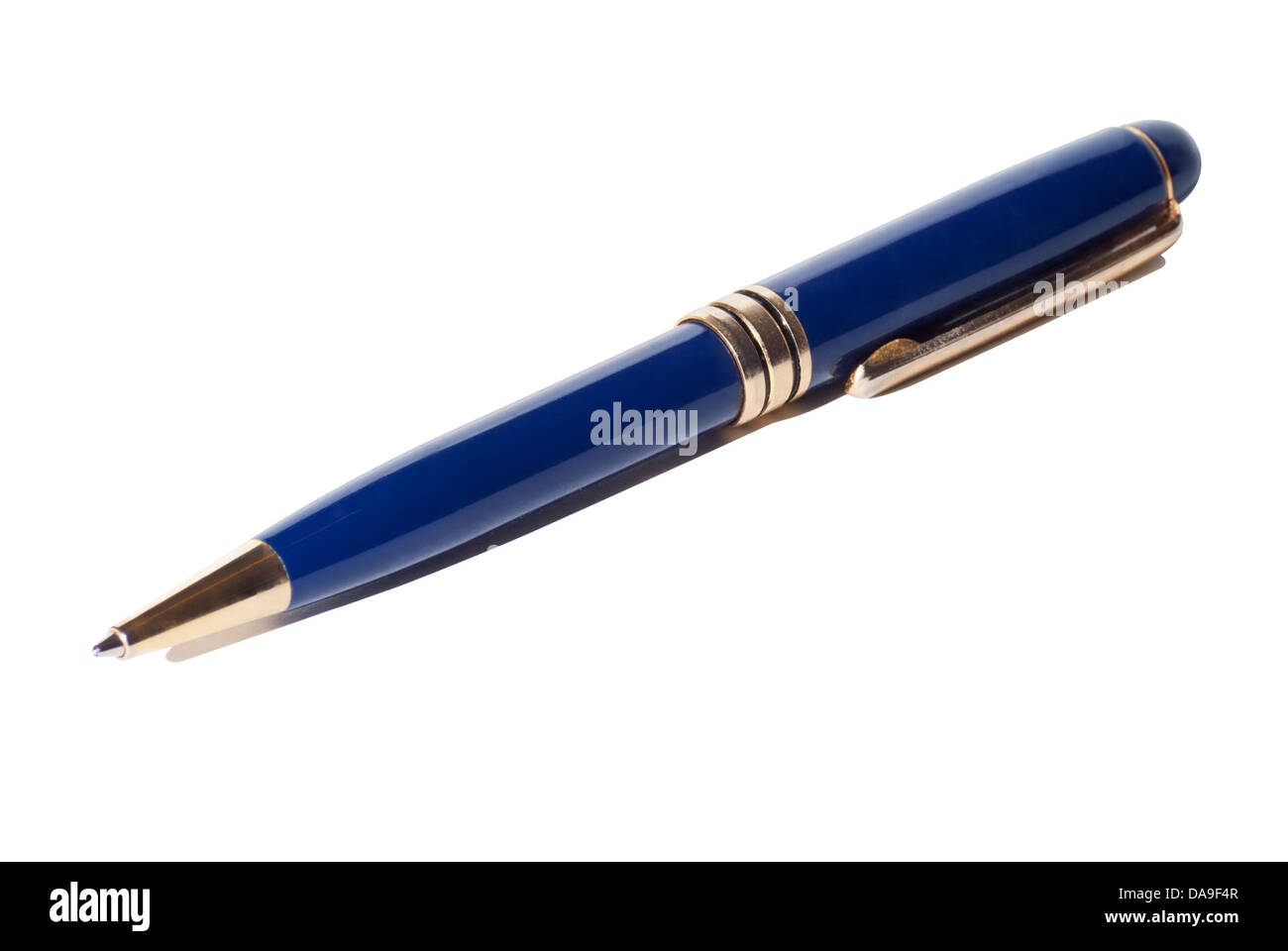 Blue ballpoint pen laying diagonally across a white background ...