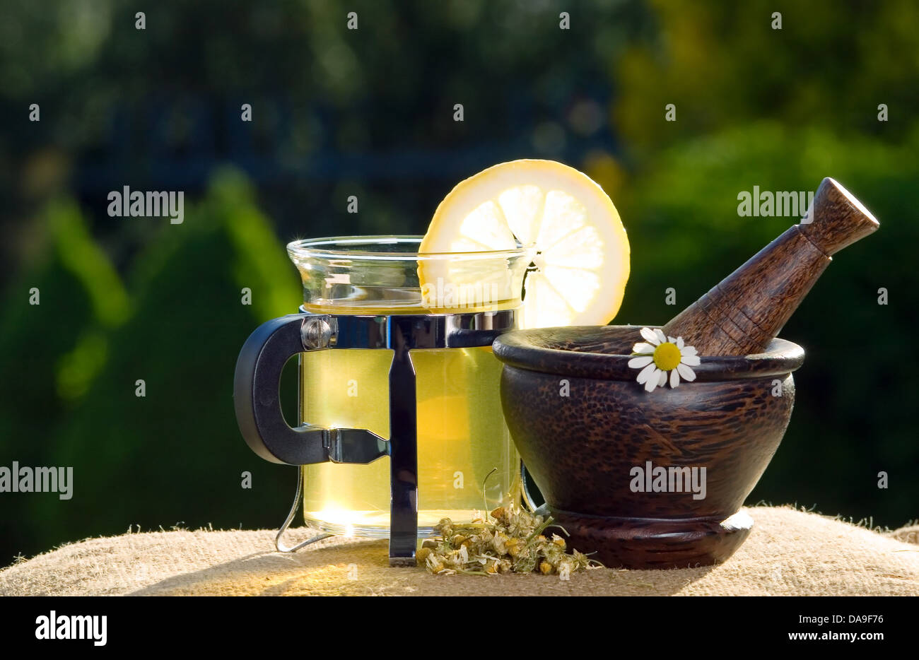 Wooden pestle with chamomiles and green tea on the table Stock Photo ...