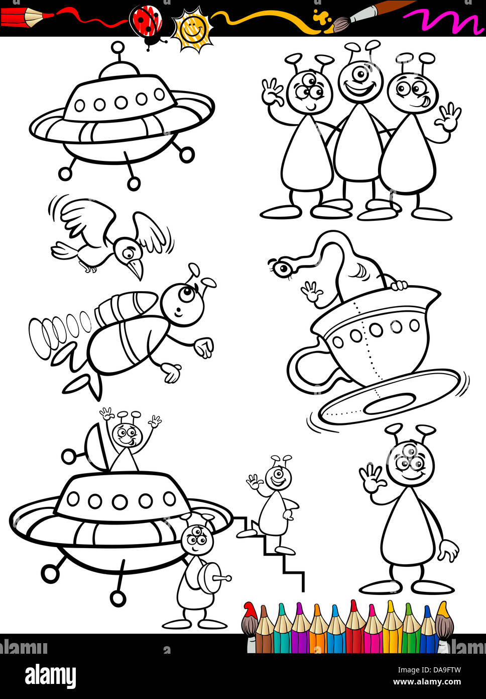 Coloring Book or Page Cartoon Illustration Set of Black and White ...
