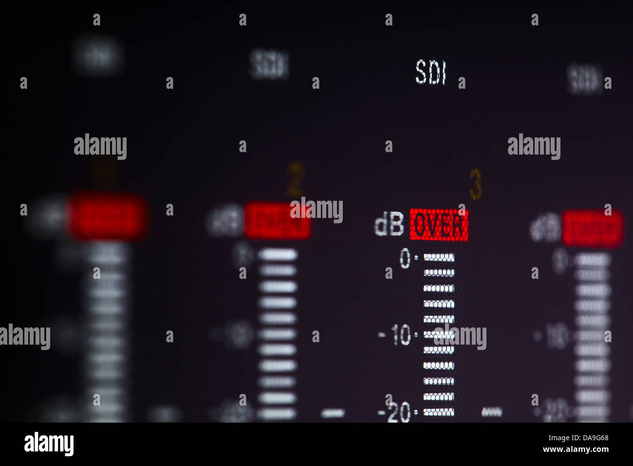 Display of the professional video recorder with alarm Over signal. Too ...