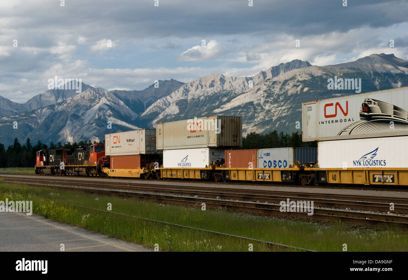 A Canadian National freight train pulling out of Jasper depot, Alberta ...