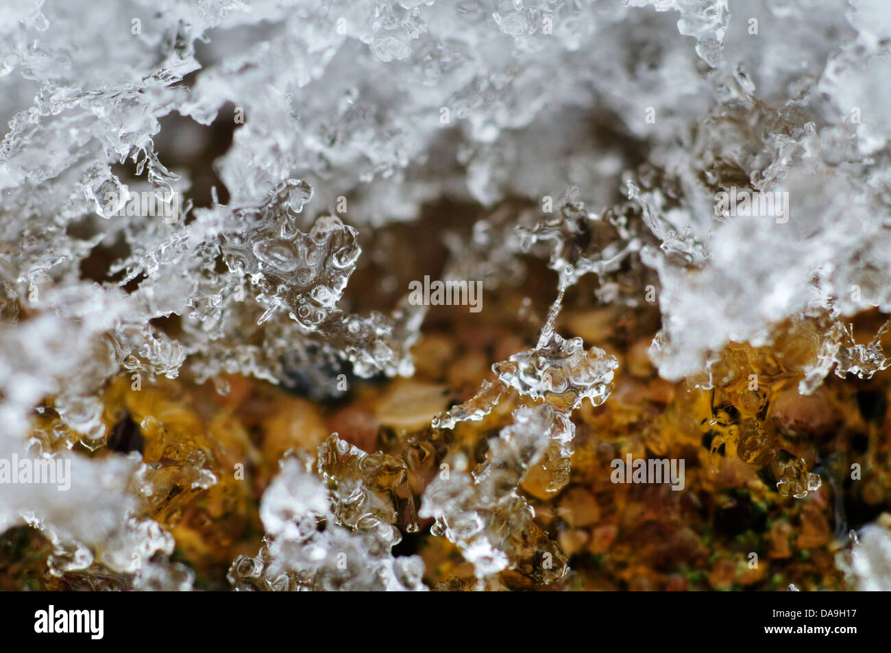 Extreme closeup of ice crystals formed as snow begins to melt Stock ...