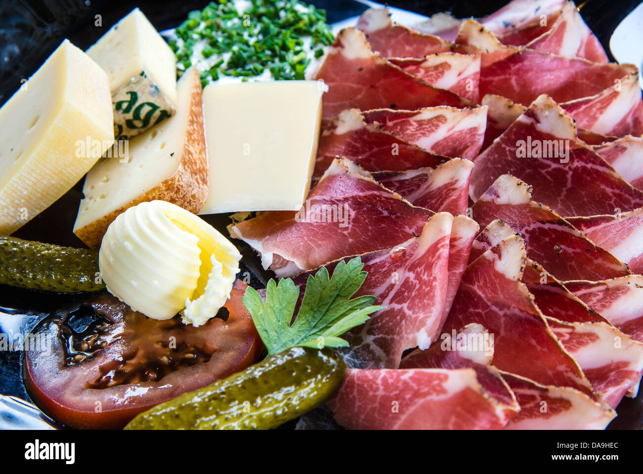 Traditional speck ham with local cheeses, Alto Adige or South Tyrol ...