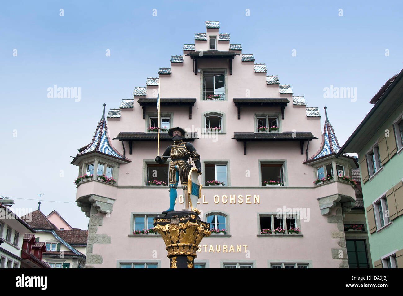 Switzerland, Canton Zug, Zug, Fountain with Statue of Wolfgang Kolin on ...