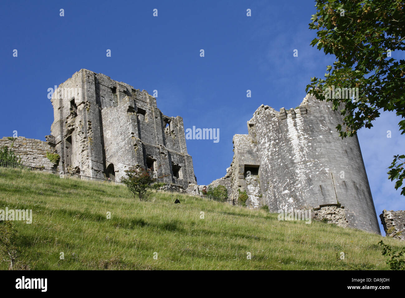 Corfe Castle viewed looking up from the old moat at a badly destroyed ...