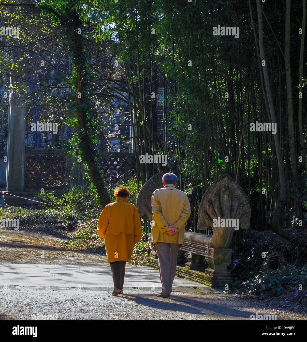 Paris, France, Old COuple Walking Away on Wooded Path in Bois de ...