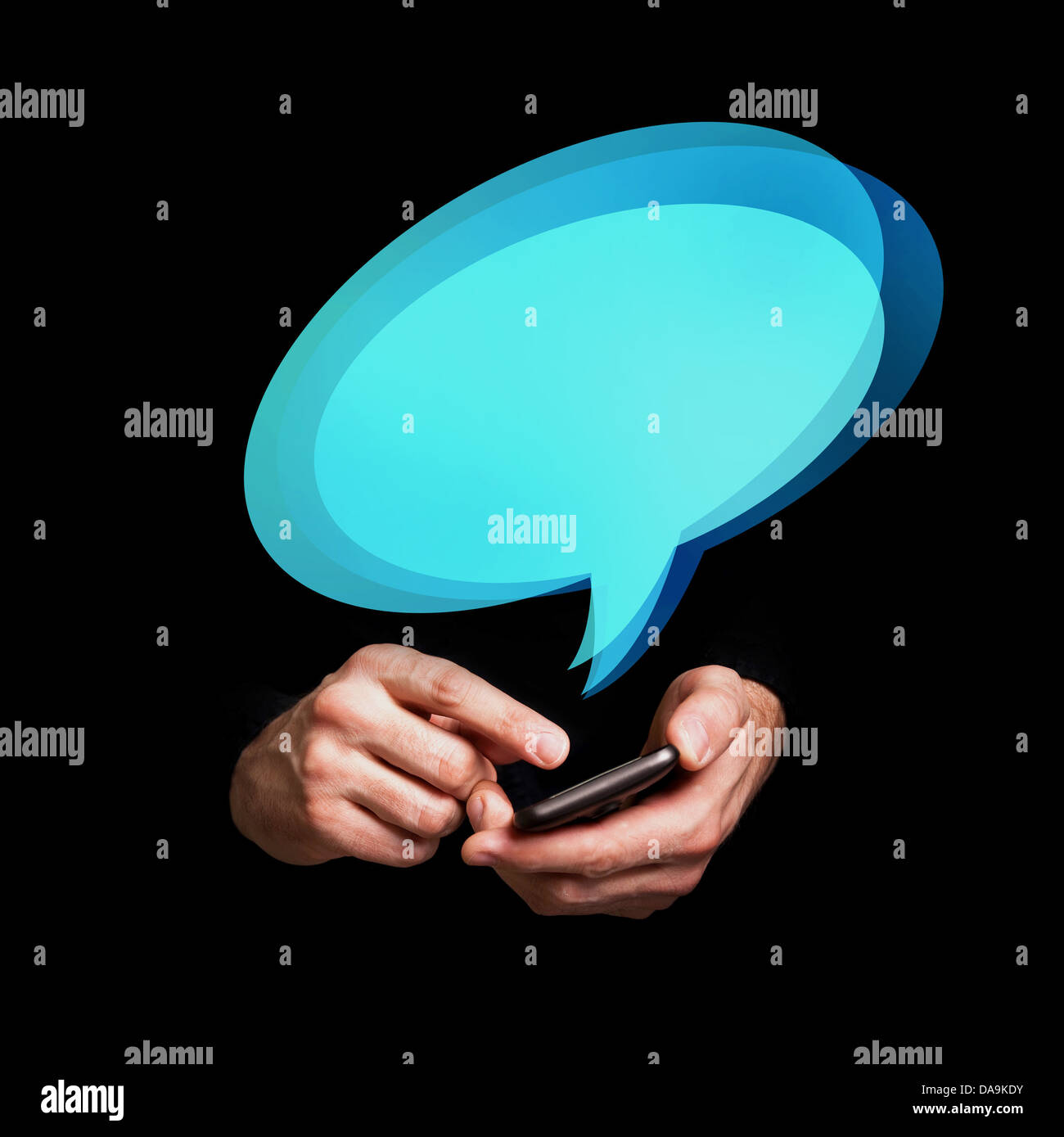 Man typing text message on his smartphone with speech balloon over it ...