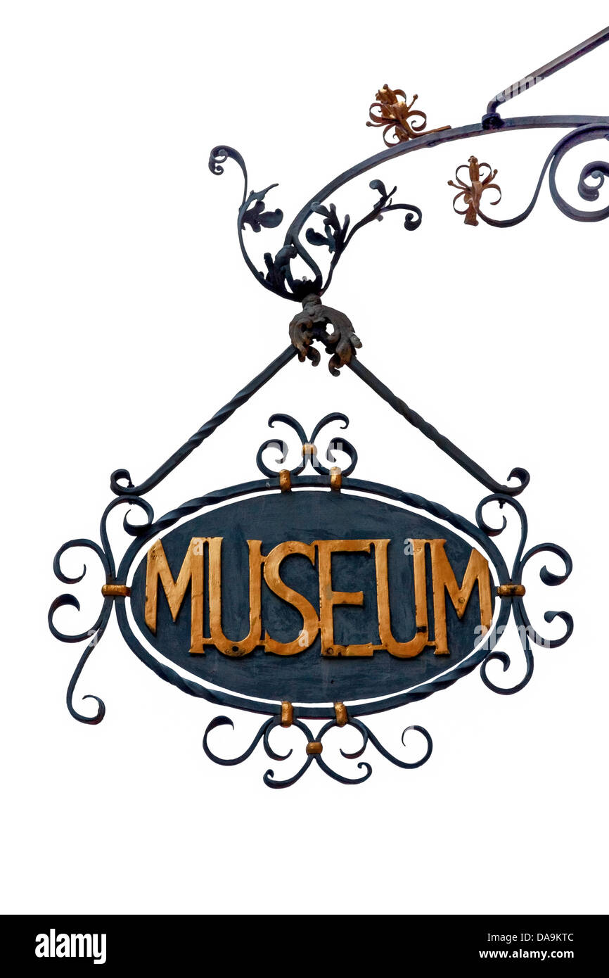 Vintage wrought iron museum sign isolated on white background Stock ...