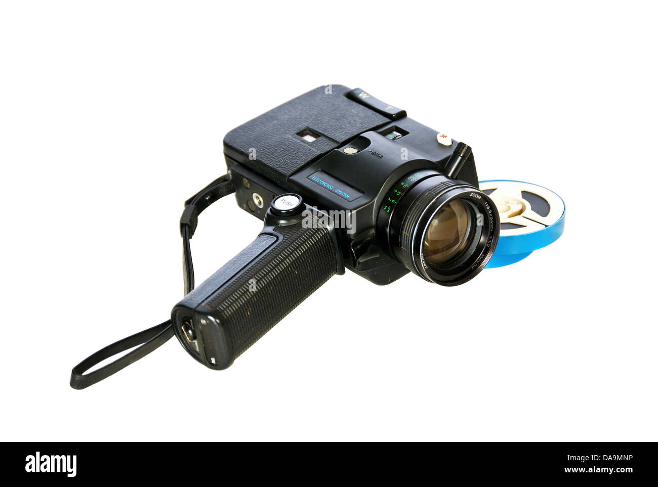 Super 8 movie camera and developed film. Isolated on a white background ...