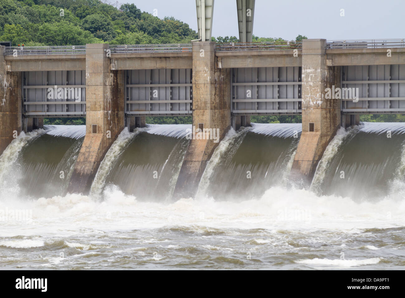 The Chickamauga Dam (floodgates open) with the Tennessee River at flood ...
