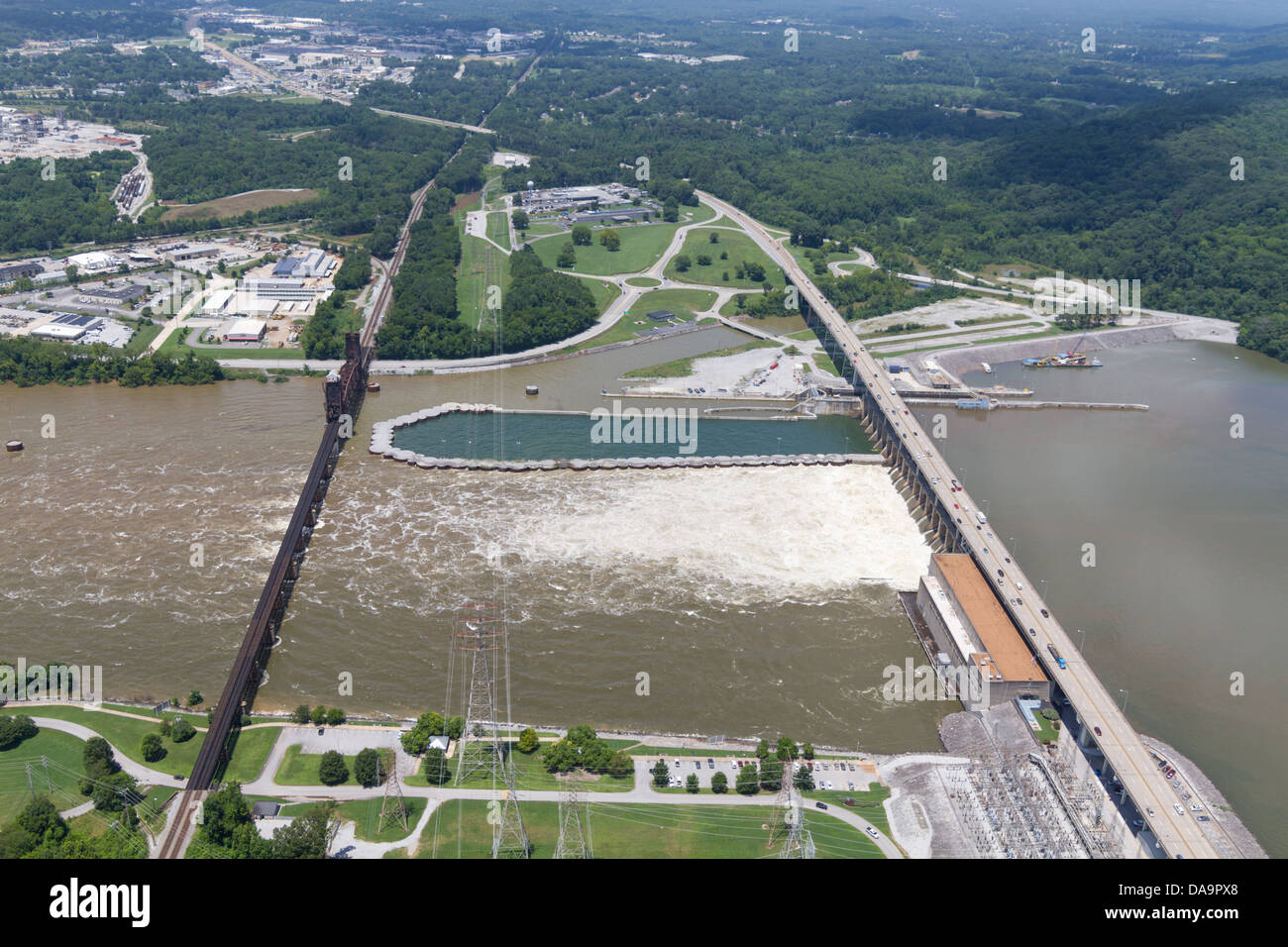 Aerial view of the Chickamauga dam and a railroad bridge, looking ...