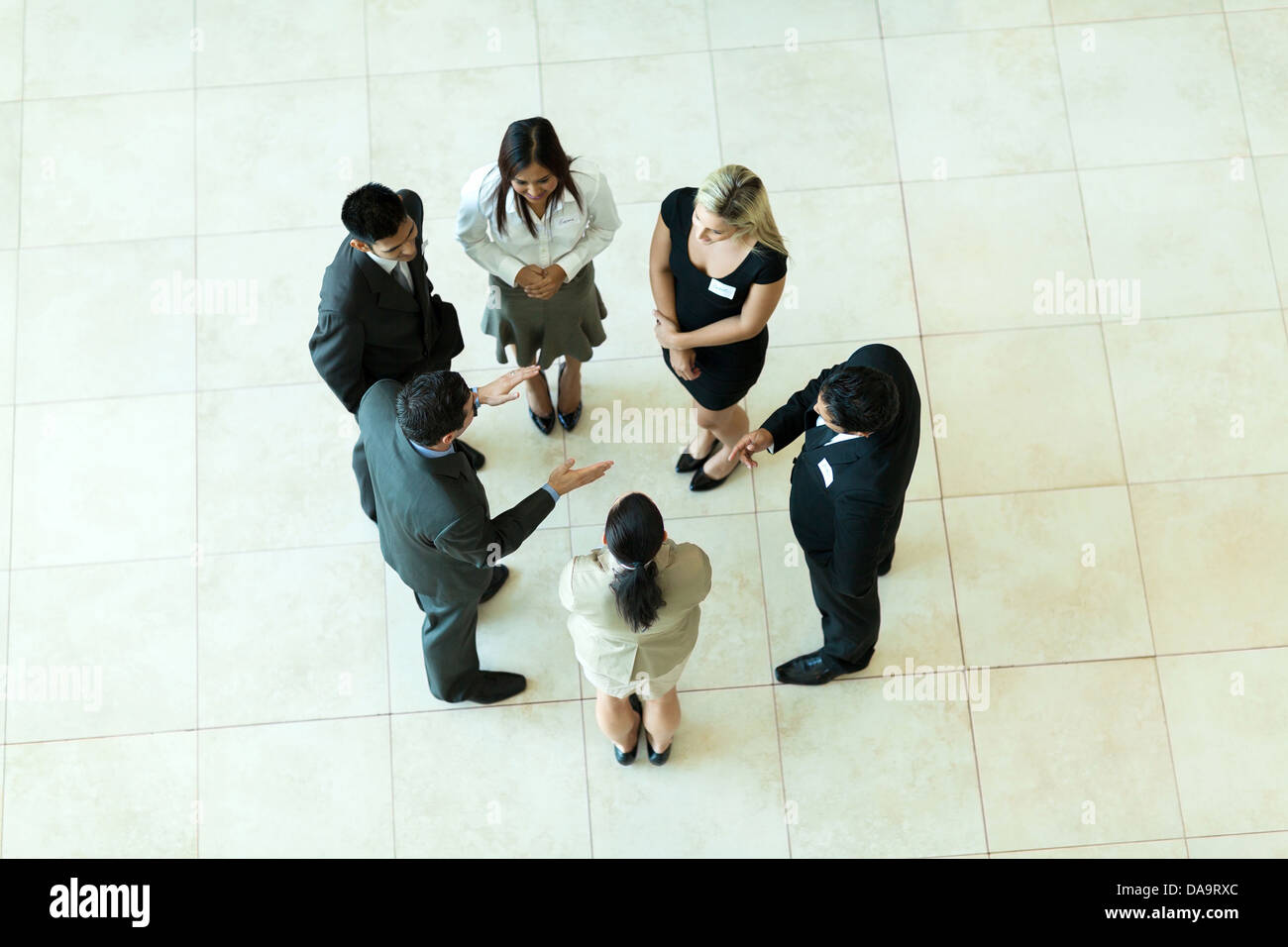 overhead view of people having business meeting Stock Photo - Alamy