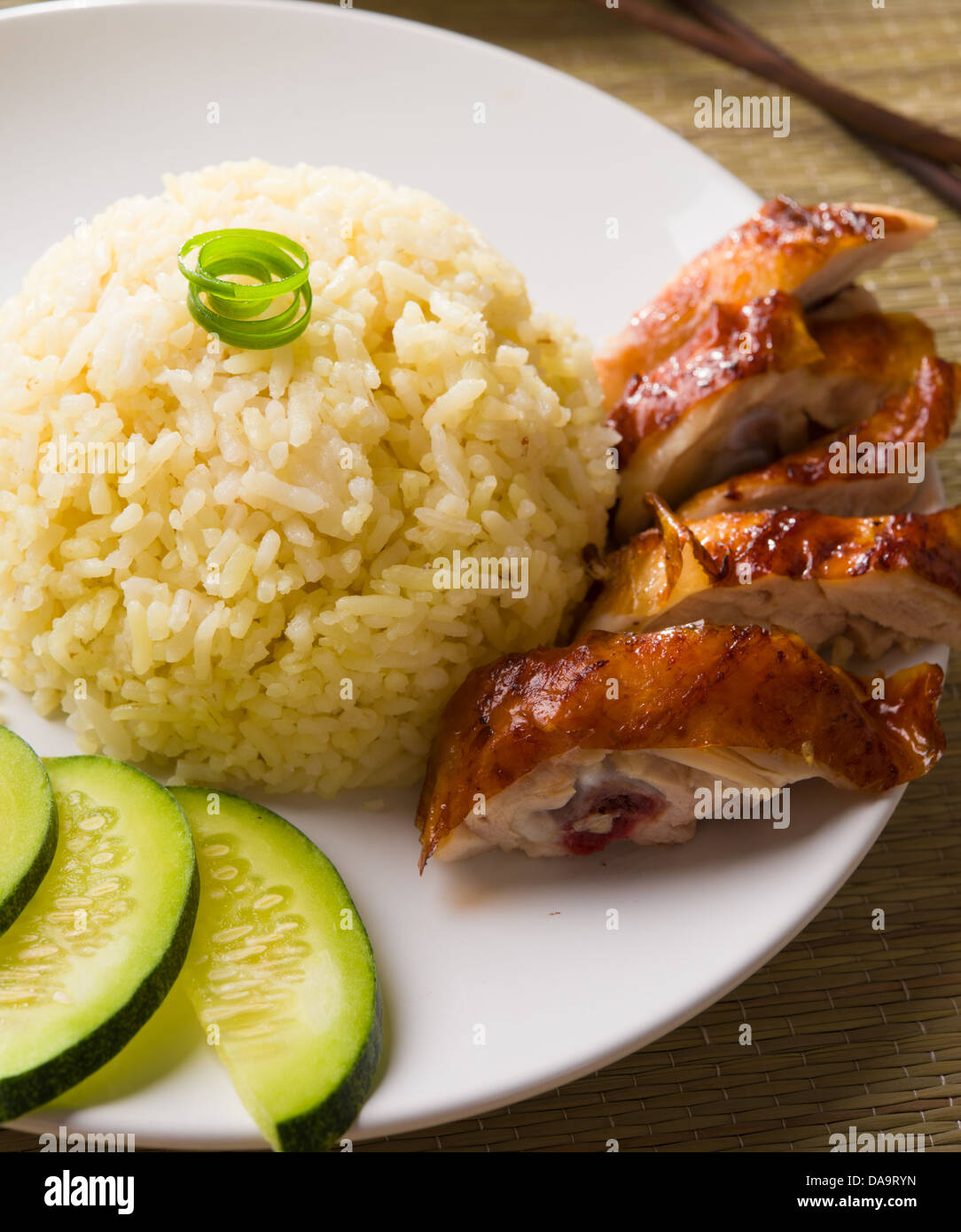 hainan chicken rice , singapore food with materials as background Stock ...