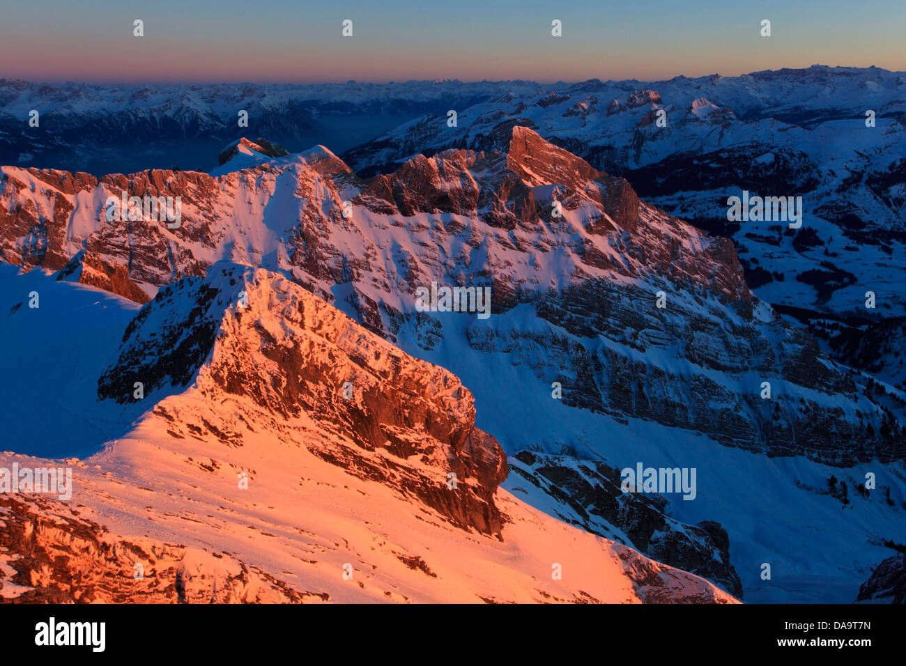 Alps, alpine glow, afterglow, Alpstein, range, Appenzell, view ...