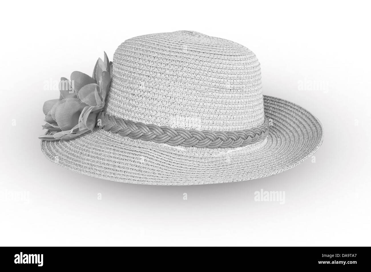 Pretty straw hat with flower on white background Stock Photo - Alamy