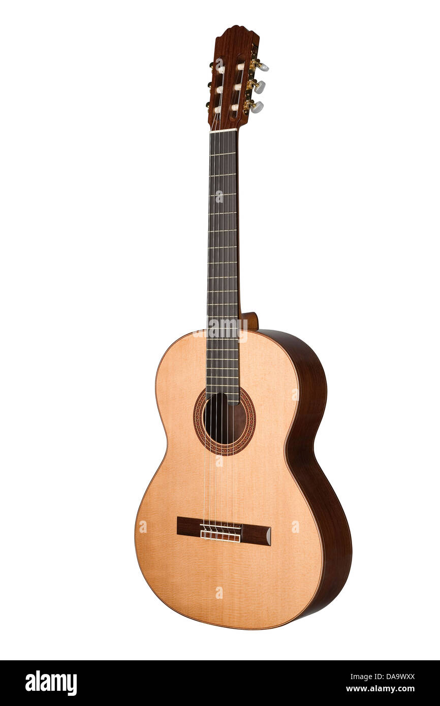 Classic wooden guitar with strings isolated on white background Stock ...