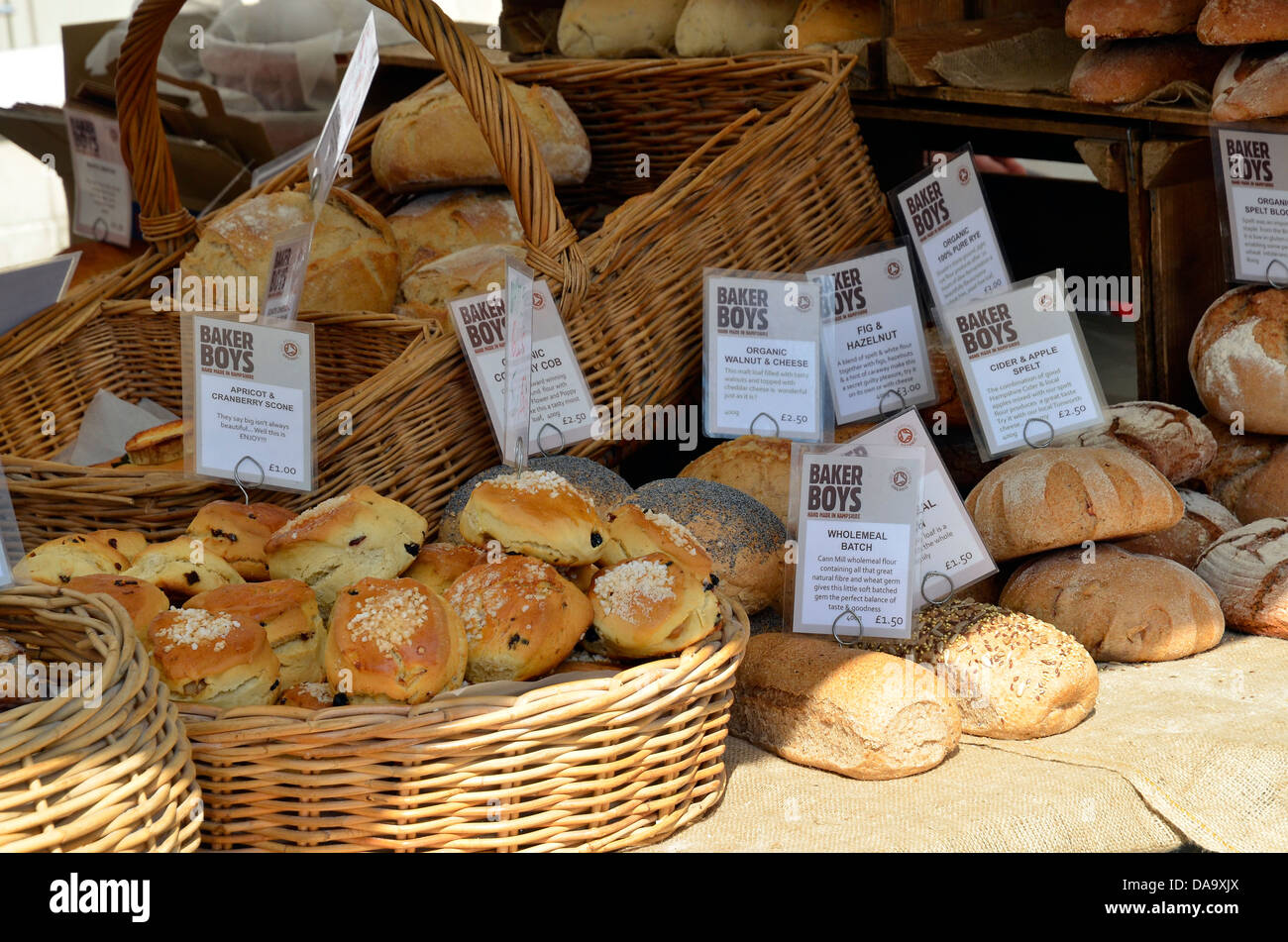 Artisan bread on a market stall in Winchester, Hampshire, England Stock ...