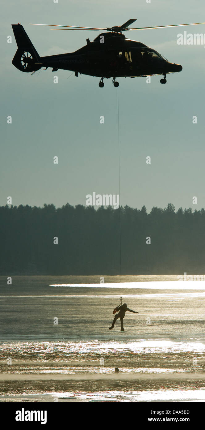 A helicopter squadron of the police presents a simulated rescue action ...