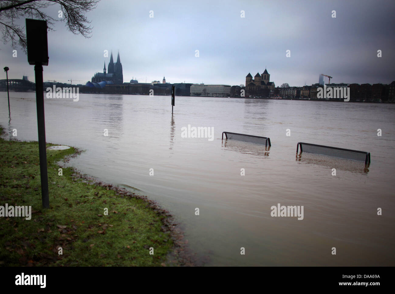 A sporting ground is flooded by Rhine river in Cologne, Germany, 10 ...