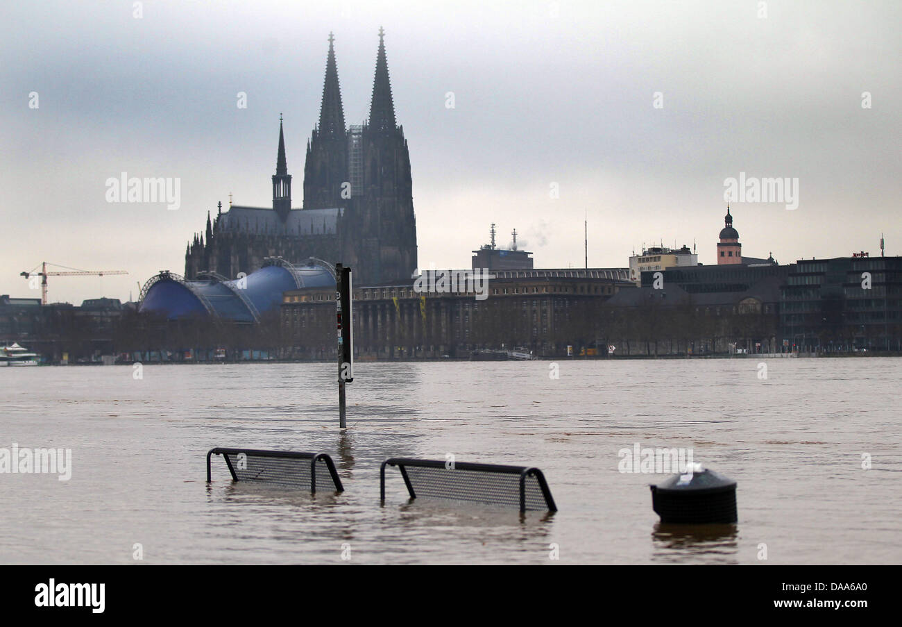 A sporting ground is flooded by Rhine river in Cologne, Germany, 10 ...
