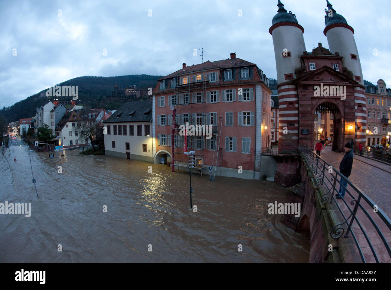 View on flood waters of Neckar river in Heidelberg, Germany, 14 January ...