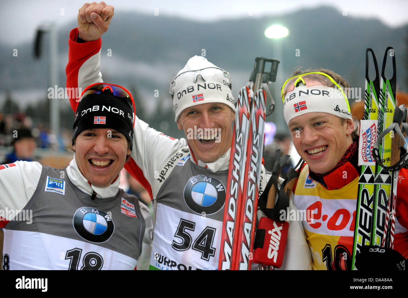 Norway's Lars Berger (C) celebrates winning the Men 10km Sprint with ...