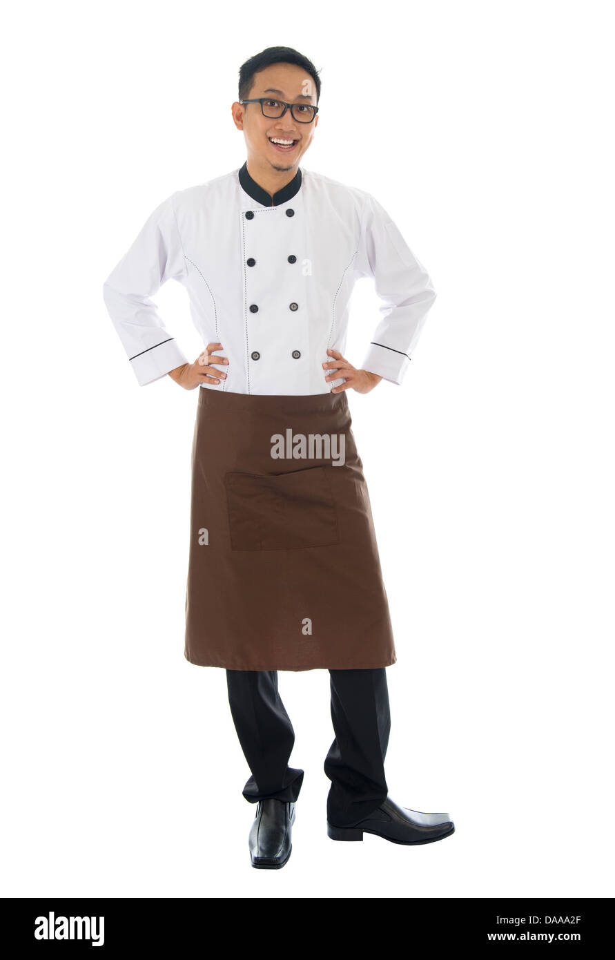 Portrait of full body Asian male chef, standing isolated on white ...