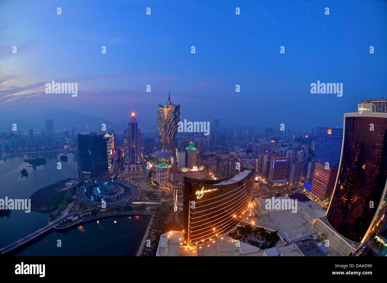 A wide-angle, bird's eye view at dusk over the Nam Van Lake, the Lisboa ...
