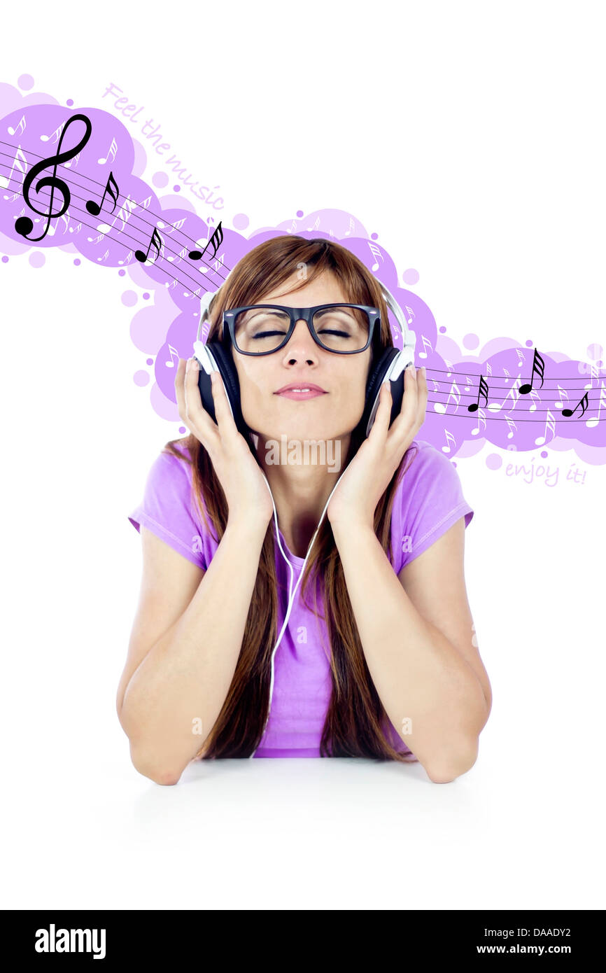 Beautiful girl feeling the music isolated on white background Stock ...