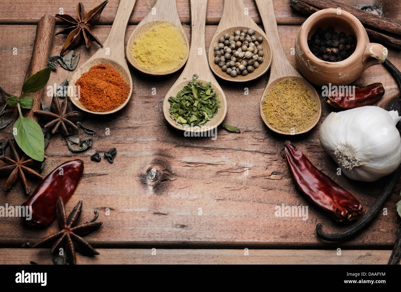 Various of spices on wooden table Stock Photo - Alamy