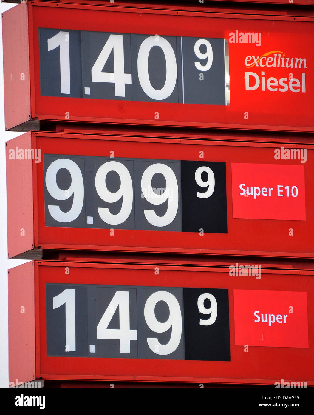 The signs at a gas station are ready for the launch of the new fuel ...