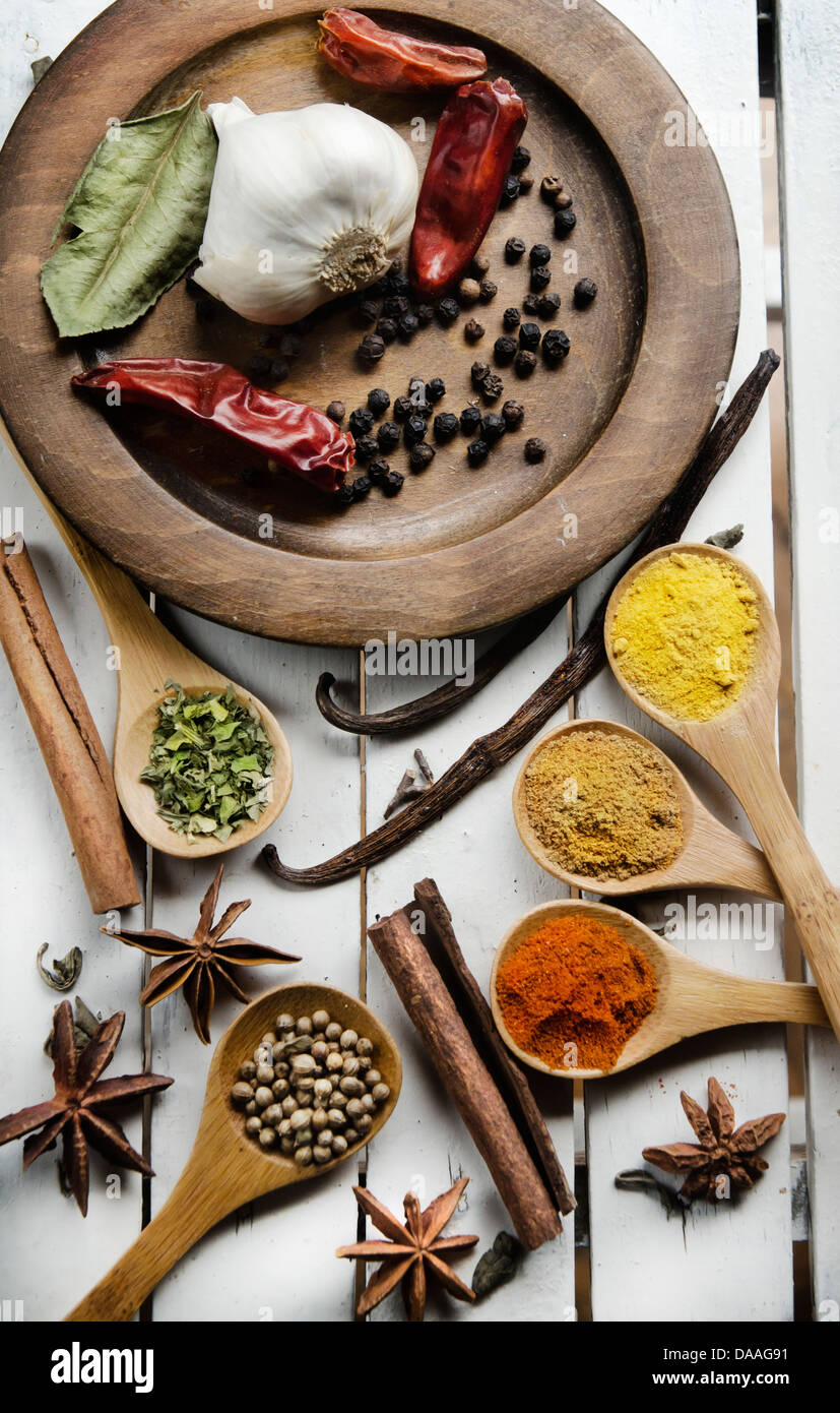 Various of spices on wooden table Stock Photo - Alamy