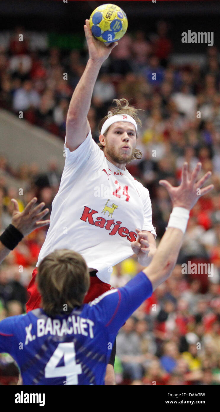 Mikkel Hansen of Denmark against Xavier Barachet of France during the ...