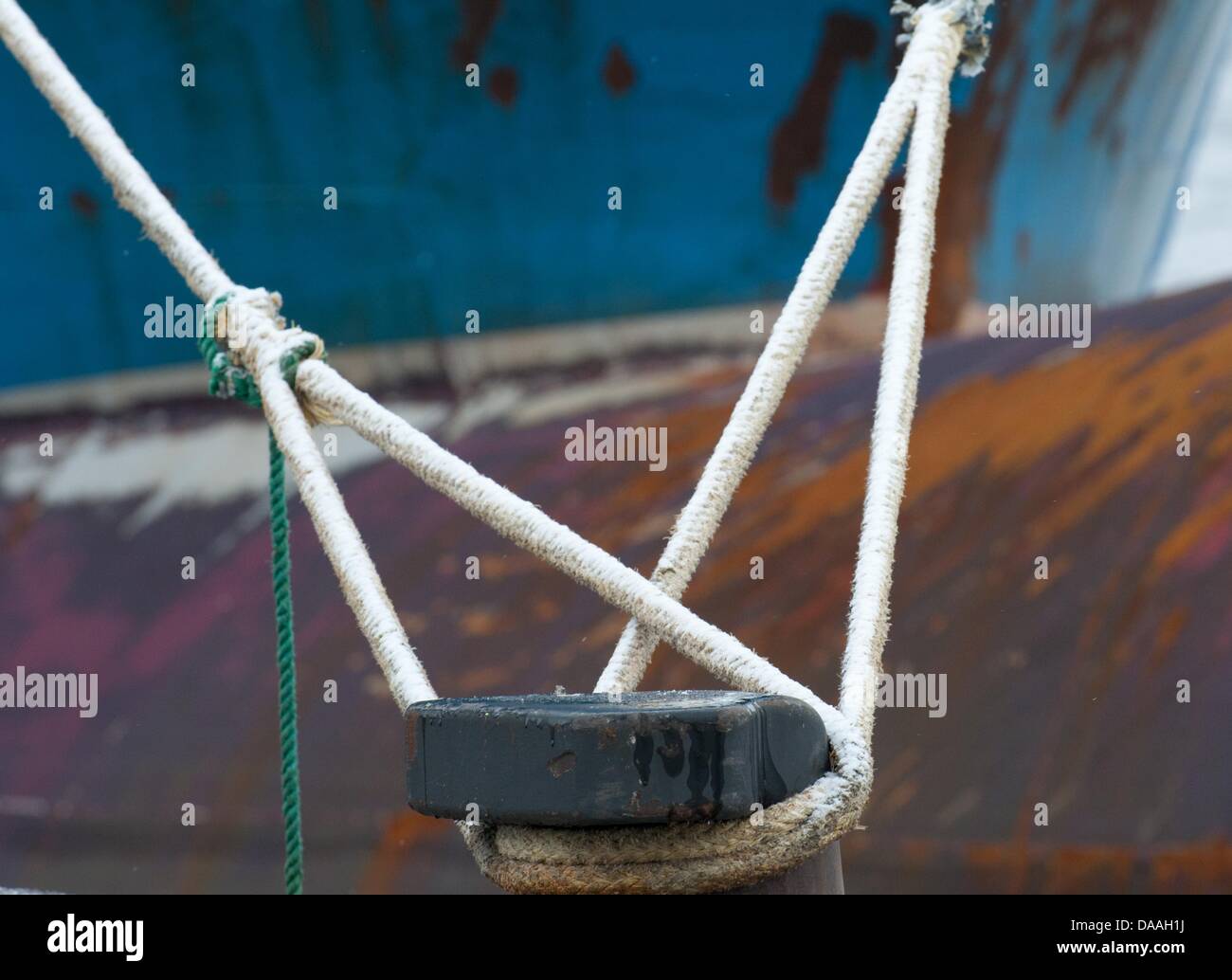 A ship is tied to the harbour with hemp rope in Stralsund, Germany, 26 ...