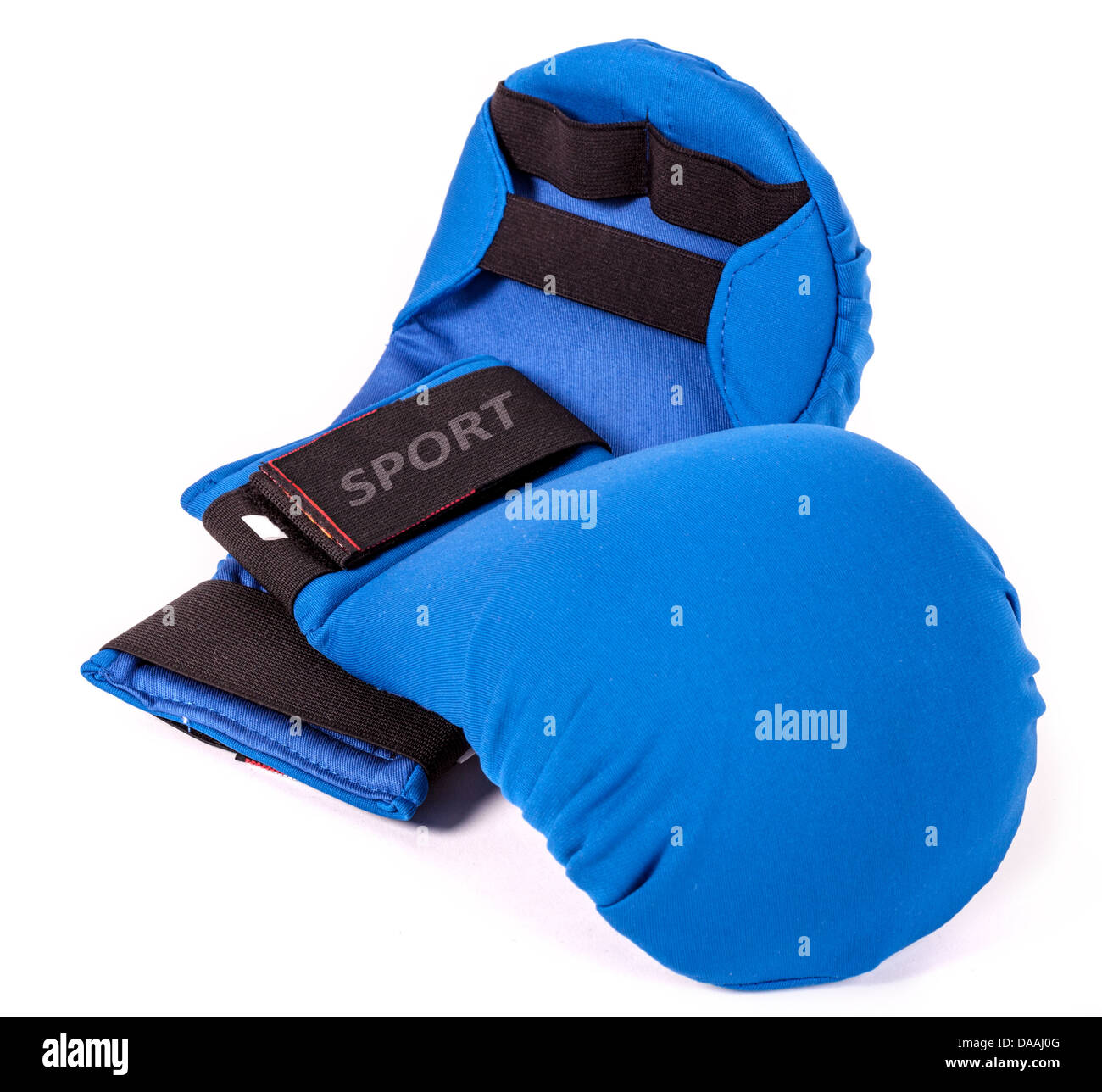 Blue karate gloves on white background with black slip Stock Photo - Alamy