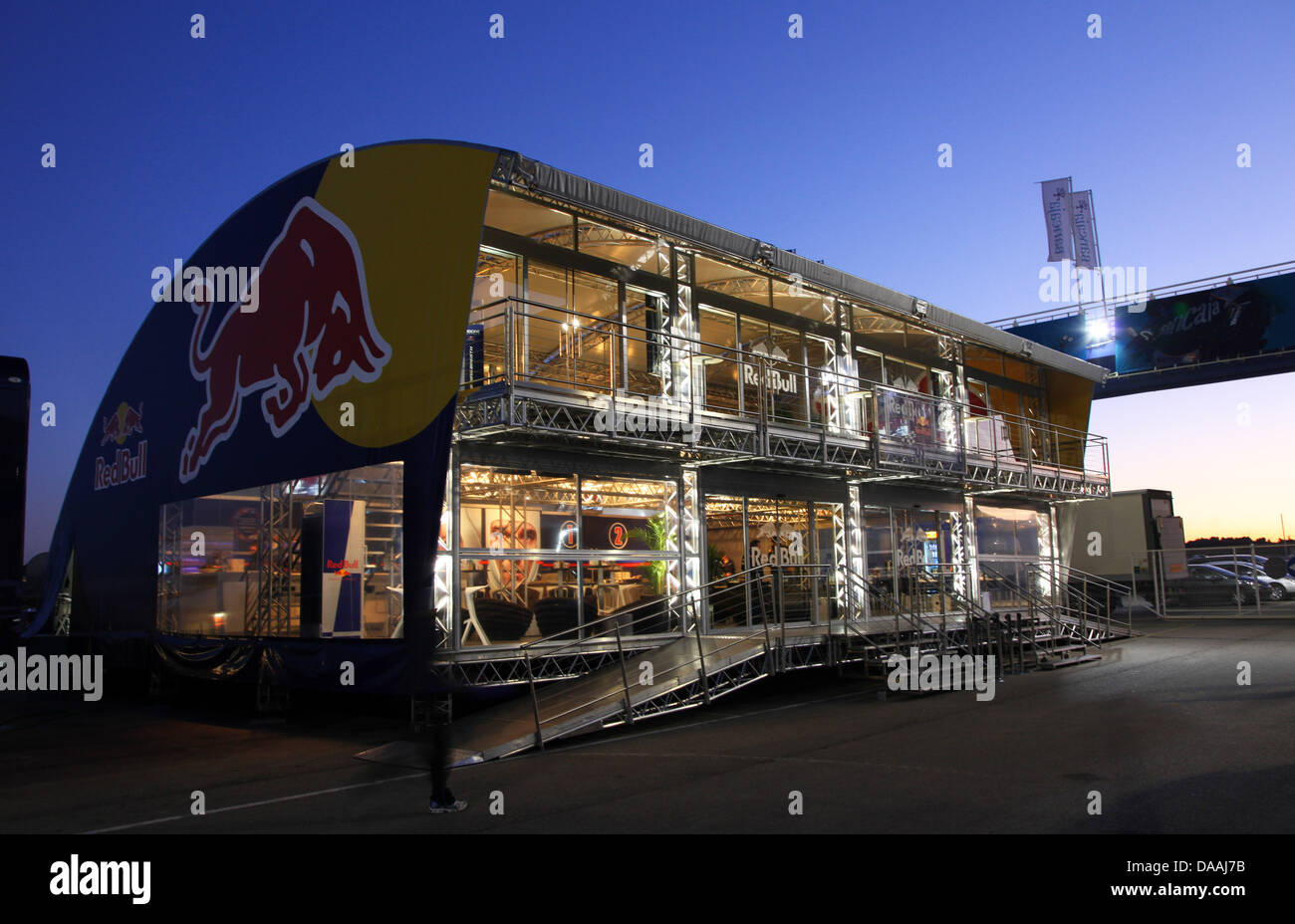 The illuminated Red Bull motorhome in Valencia, Spain, 03 February 2011 ...