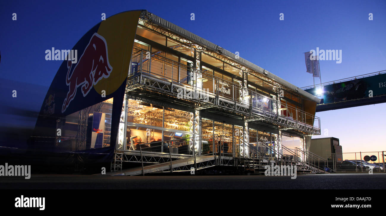 The illuminated Red Bull motorhome in Valencia, Spain, 03 February 2011 ...