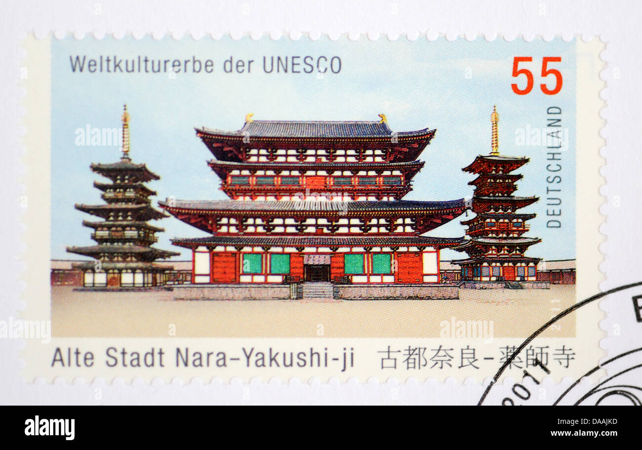 The commemorative stamp showing the Yakushi-ji Temple in Nara, Japan ...